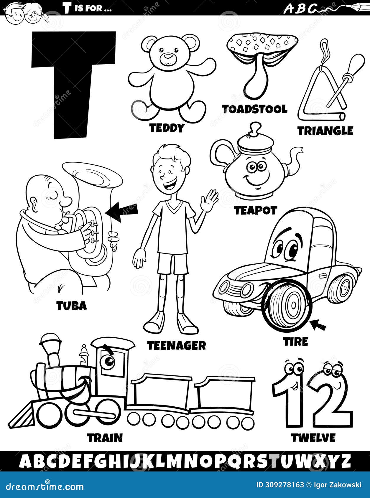 Letter T Set with Cartoon Objects and Characters Coloring Page Stock Vector - Illustration of ...