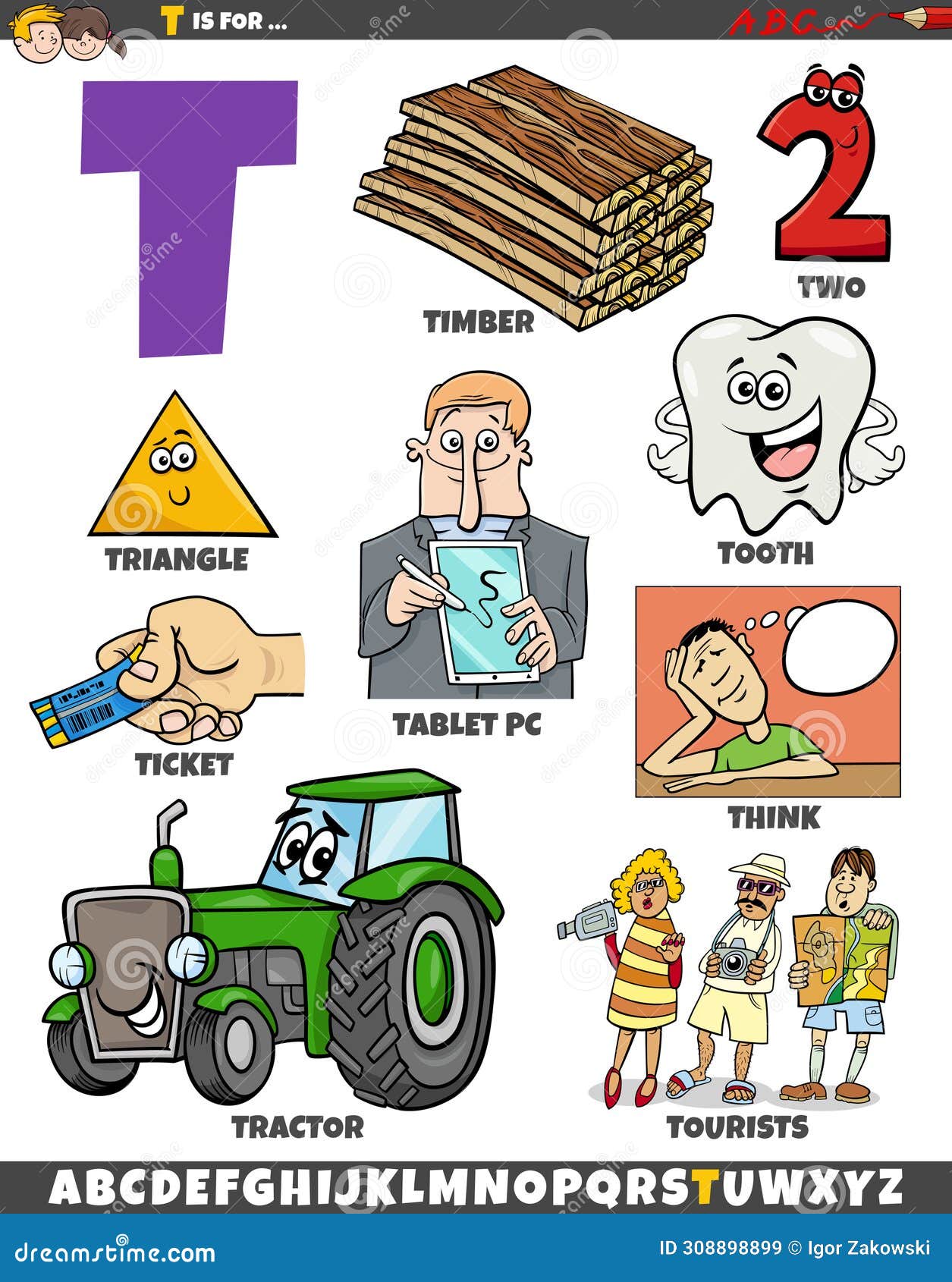 Letter T Set with Cartoon Objects and Characters Stock Vector ...