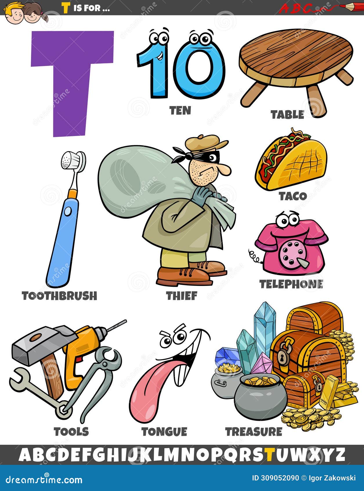 Letter T Set with Cartoon Objects and Characters Stock Illustration ...