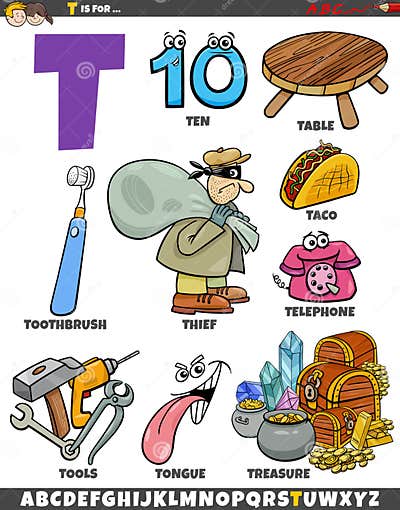 Letter T Set with Cartoon Objects and Characters Stock Illustration ...