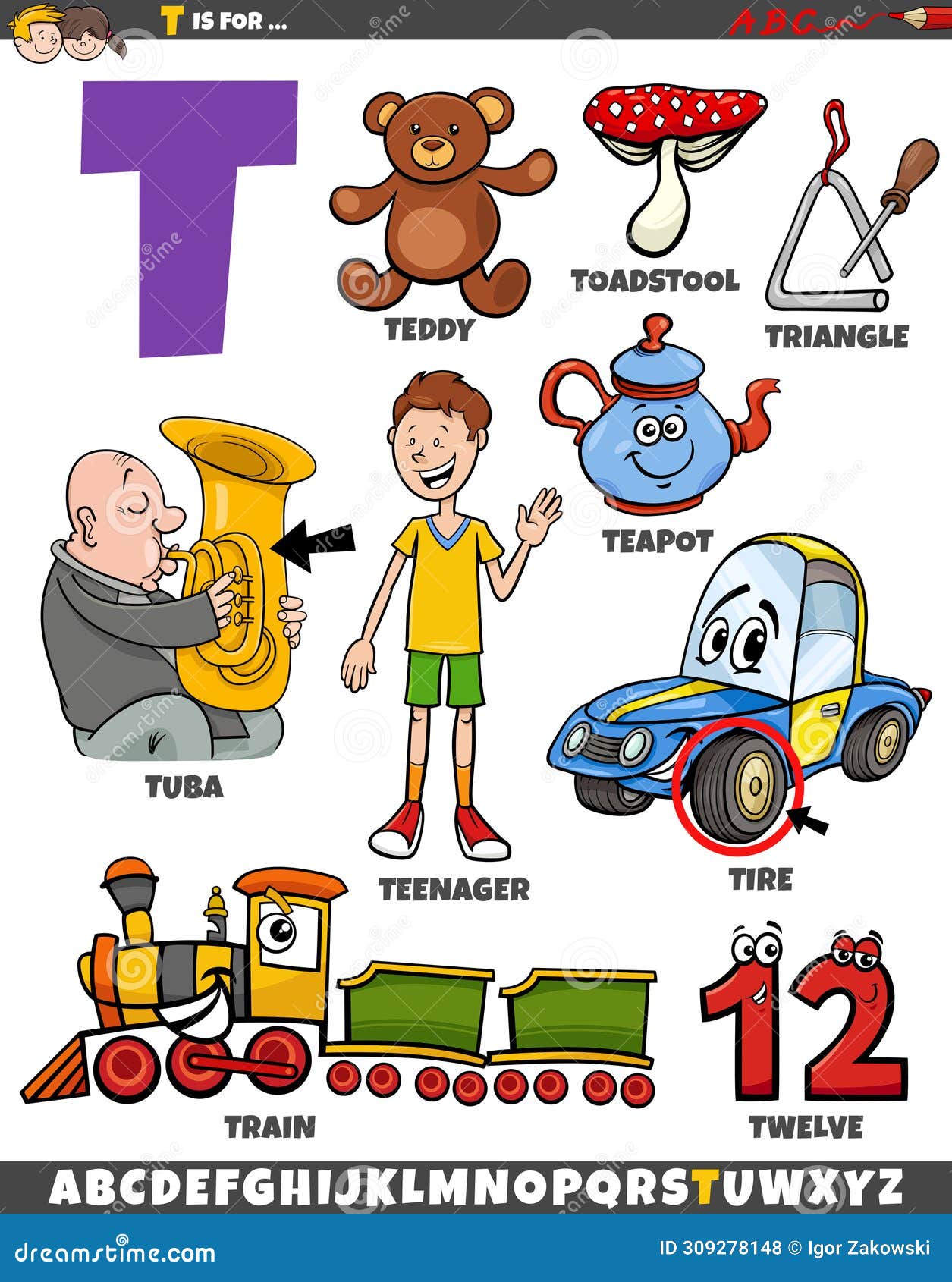 Letter T Set with Cartoon Objects and Characters Stock Vector ...