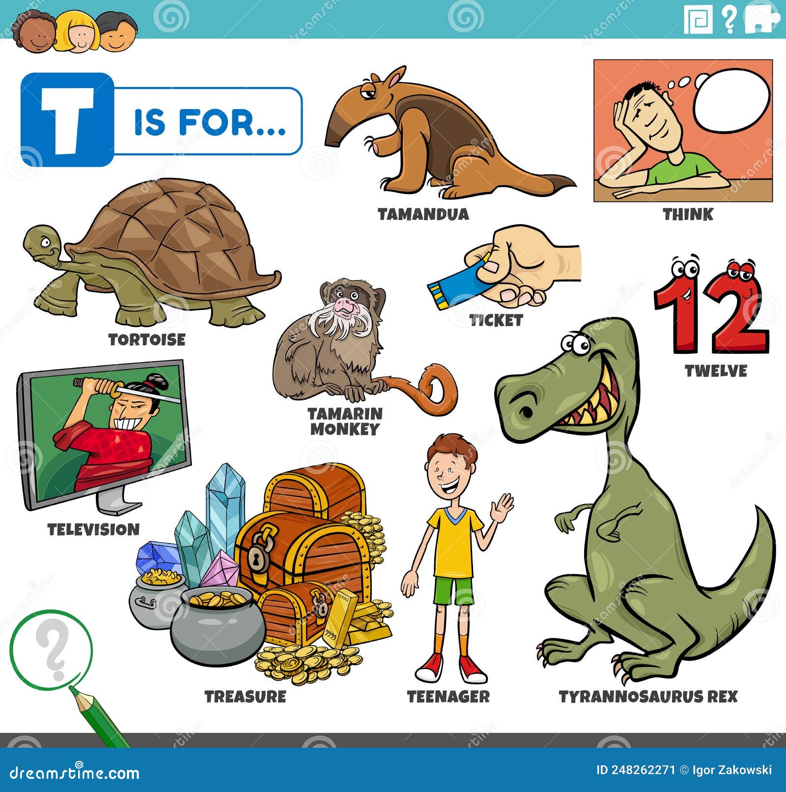 Letter T Words Educational Set with Cartoon Characters Stock Vector ...