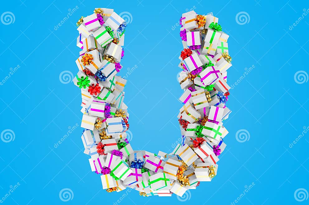 Letter U from Gift Boxes, 3D Rendering Stock Illustration ...