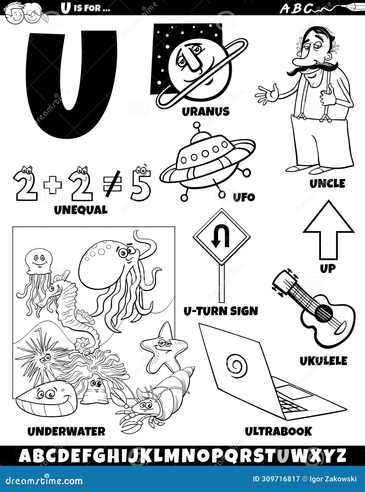 Letter U Set with Cartoon Objects and Characters Coloring Page Stock ...