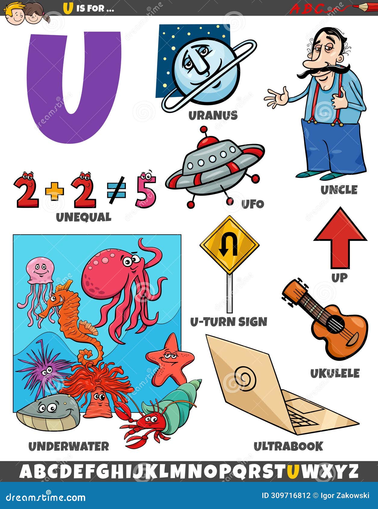 Letter U Set with Cartoon Objects and Characters Stock Vector ...