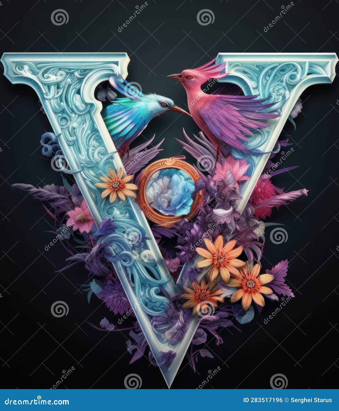 The Letter V is Decorated with Flowers and Birds. Generative AI Image ...