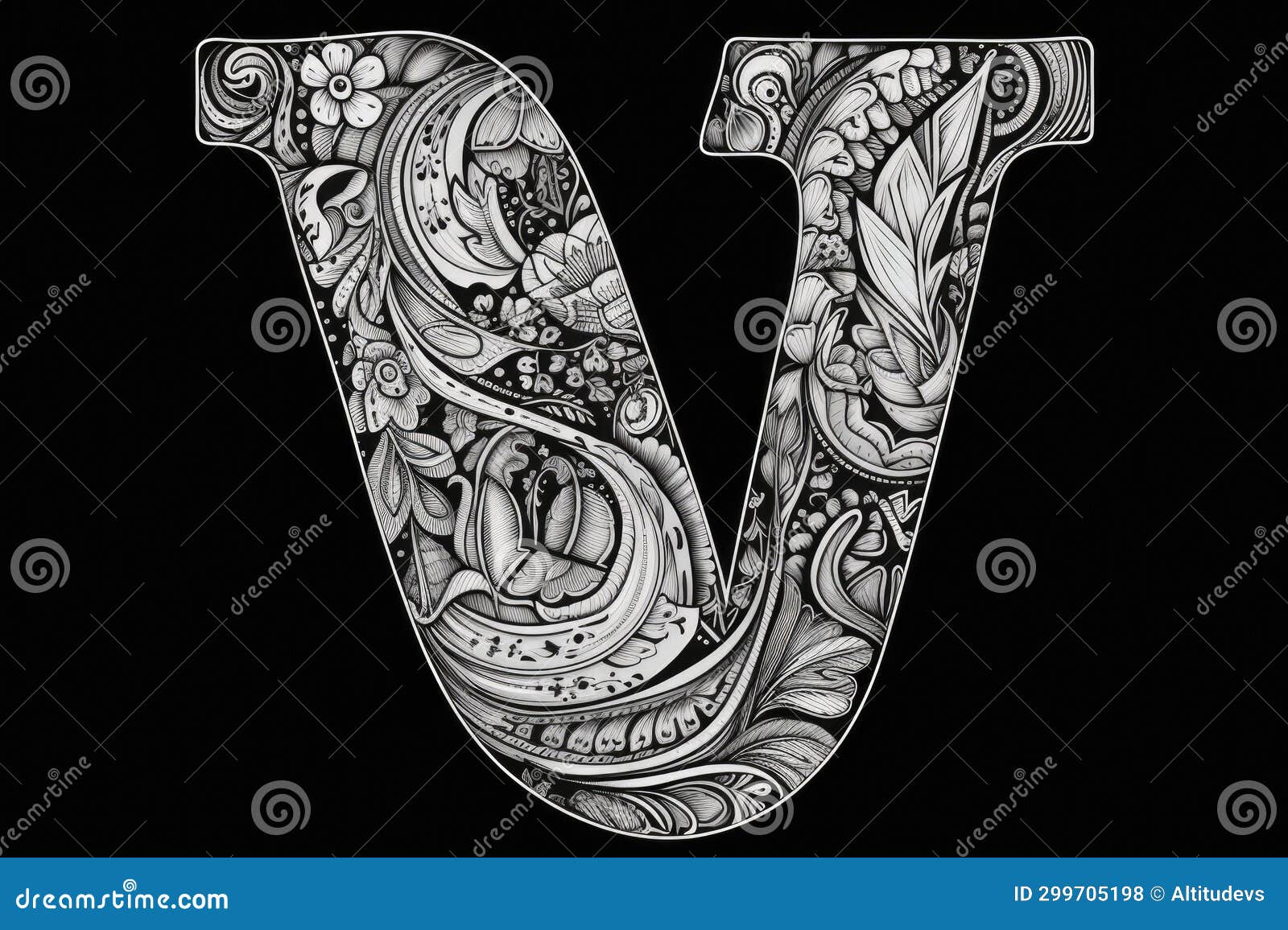 Letter V, Hand-drawn Doodle Style, on Black Background Stock ...