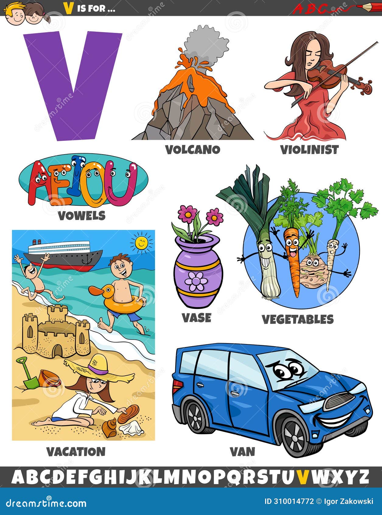 Letter V Set with Cartoon Objects and Characters Stock Vector ...