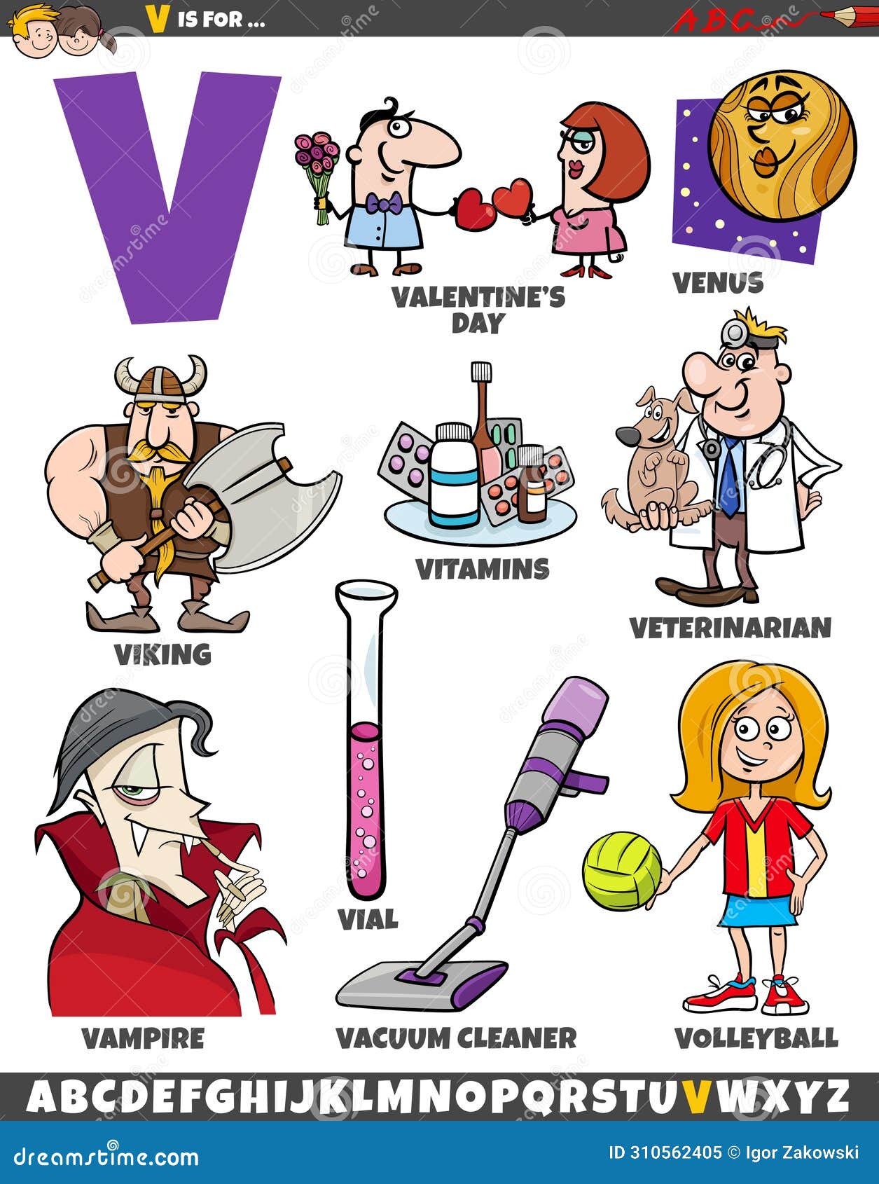 Letter V Set with Cartoon Objects and Characters Stock Illustration ...