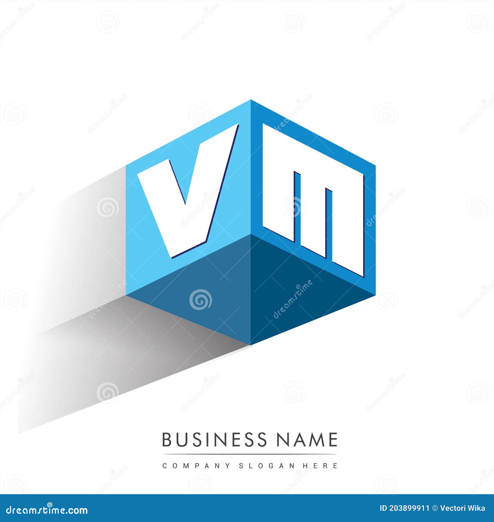 Letter VM Logo in Hexagon Shape and Blue Background, Cube Logo with ...