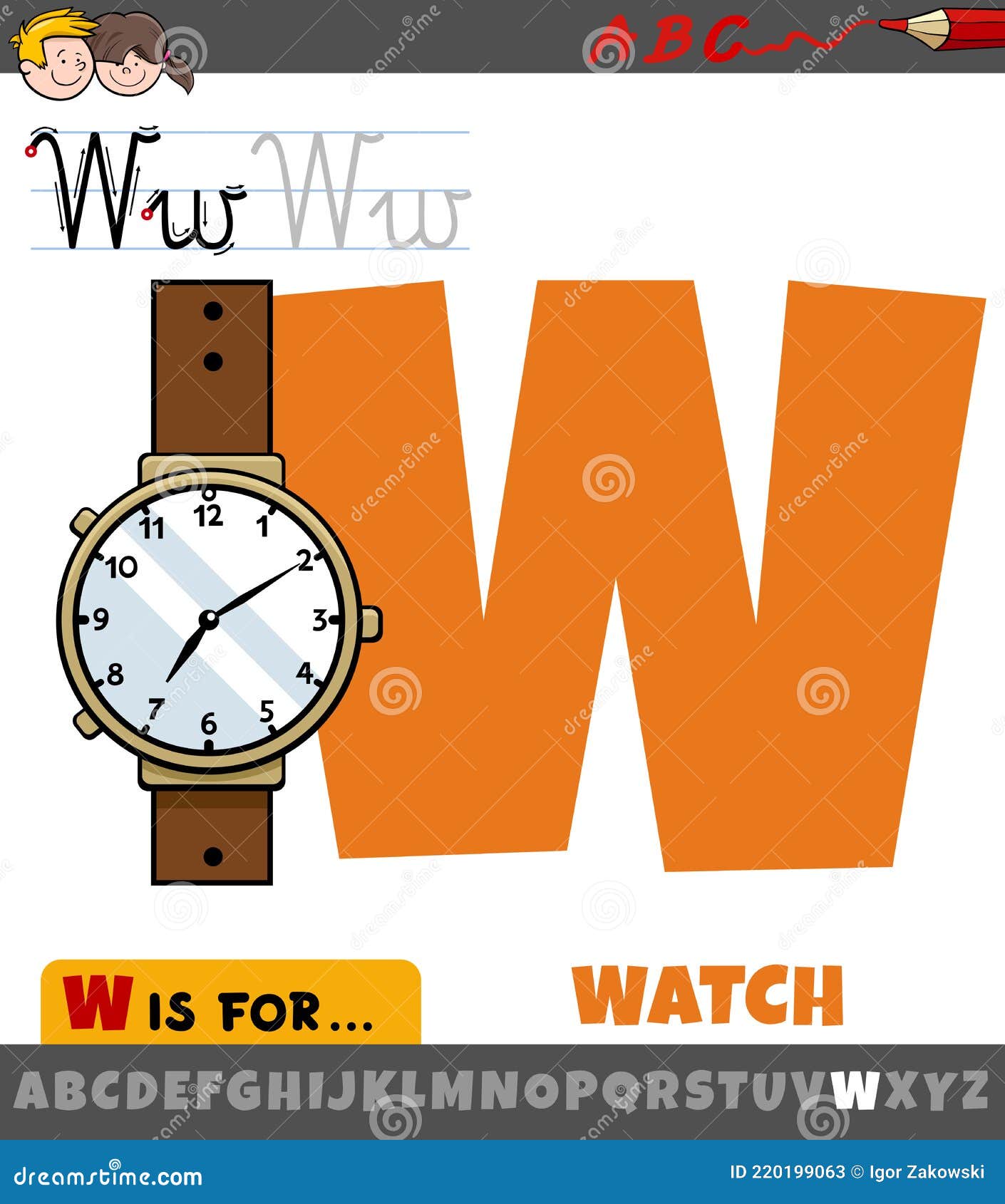 Letter W from Alphabet with Cartoon Watch Object Stock Vector ...