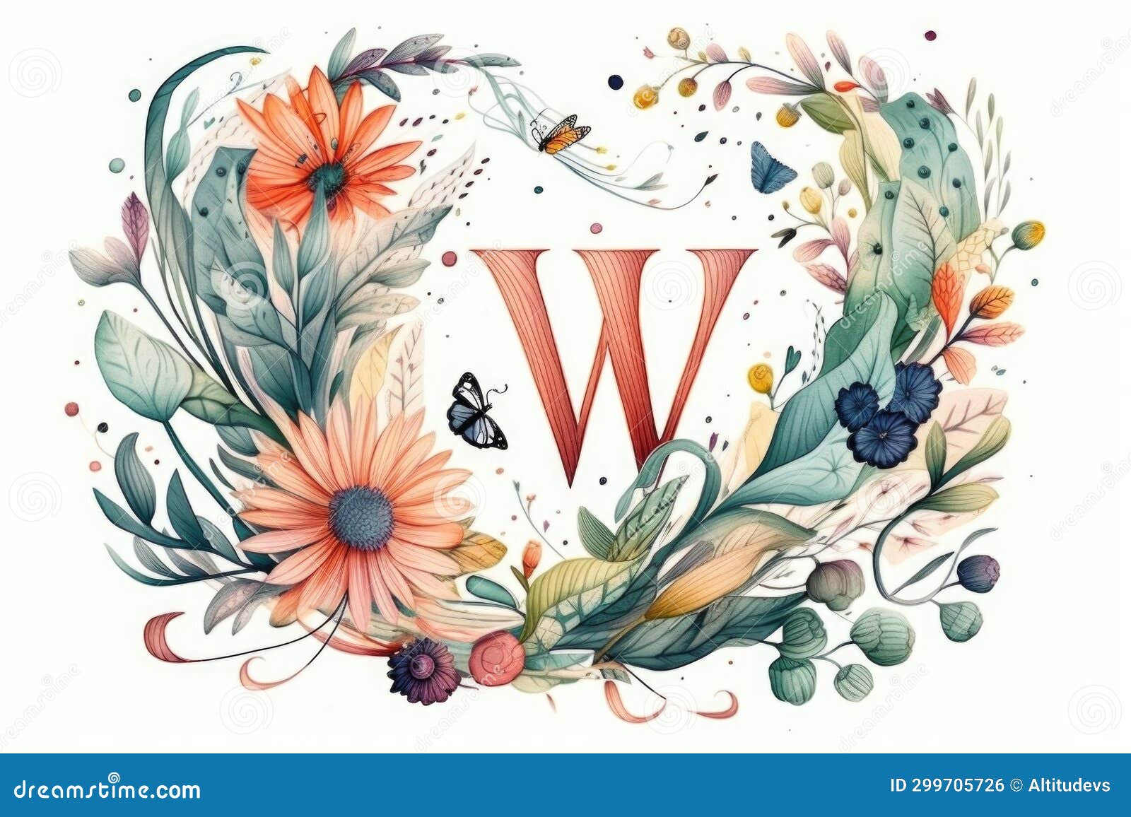 Letter W, Floral and Botanical Style, on White Background Stock Photo ...