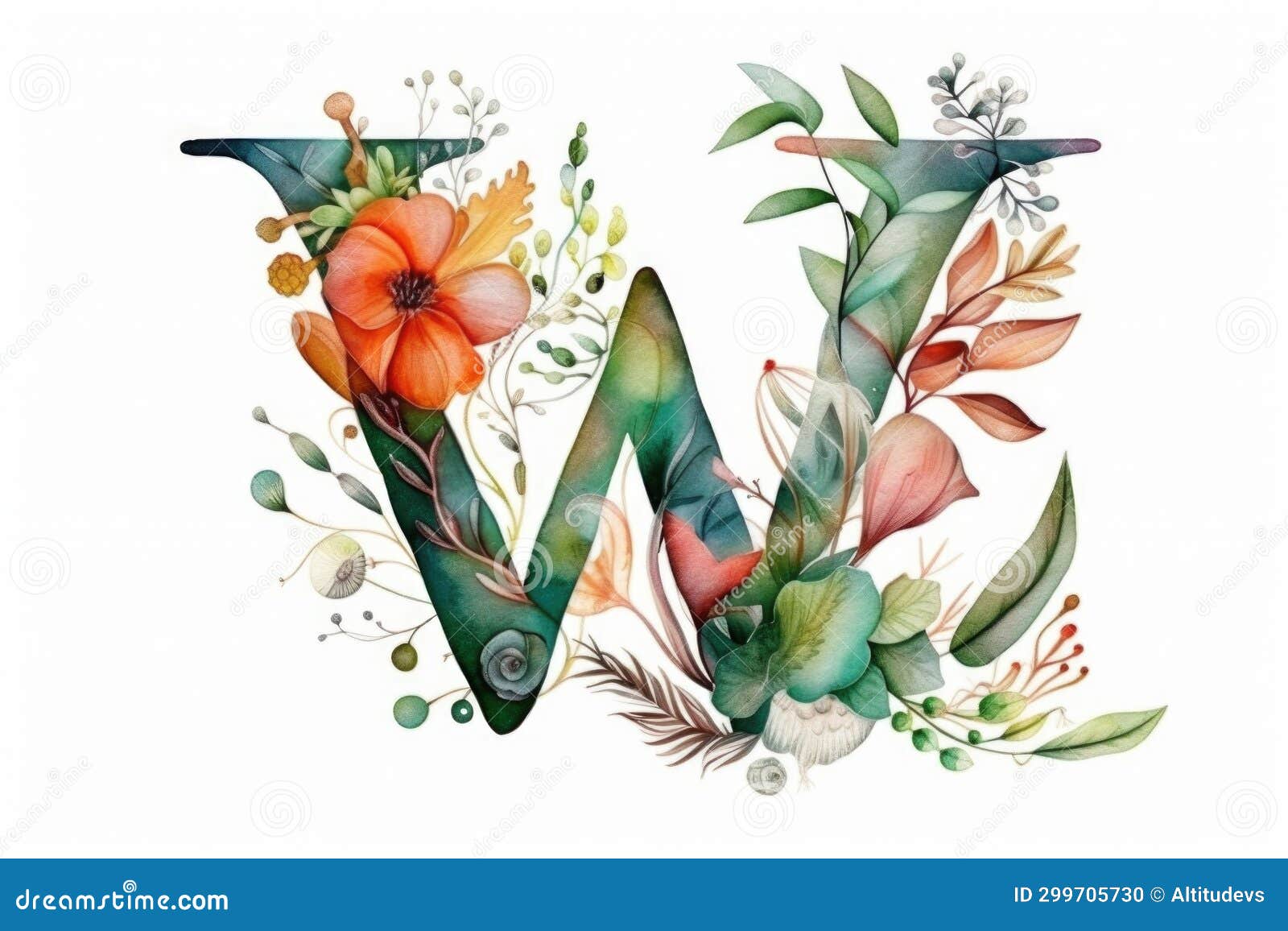 Letter W, Floral and Botanical Style, on White Background Stock Photo ...