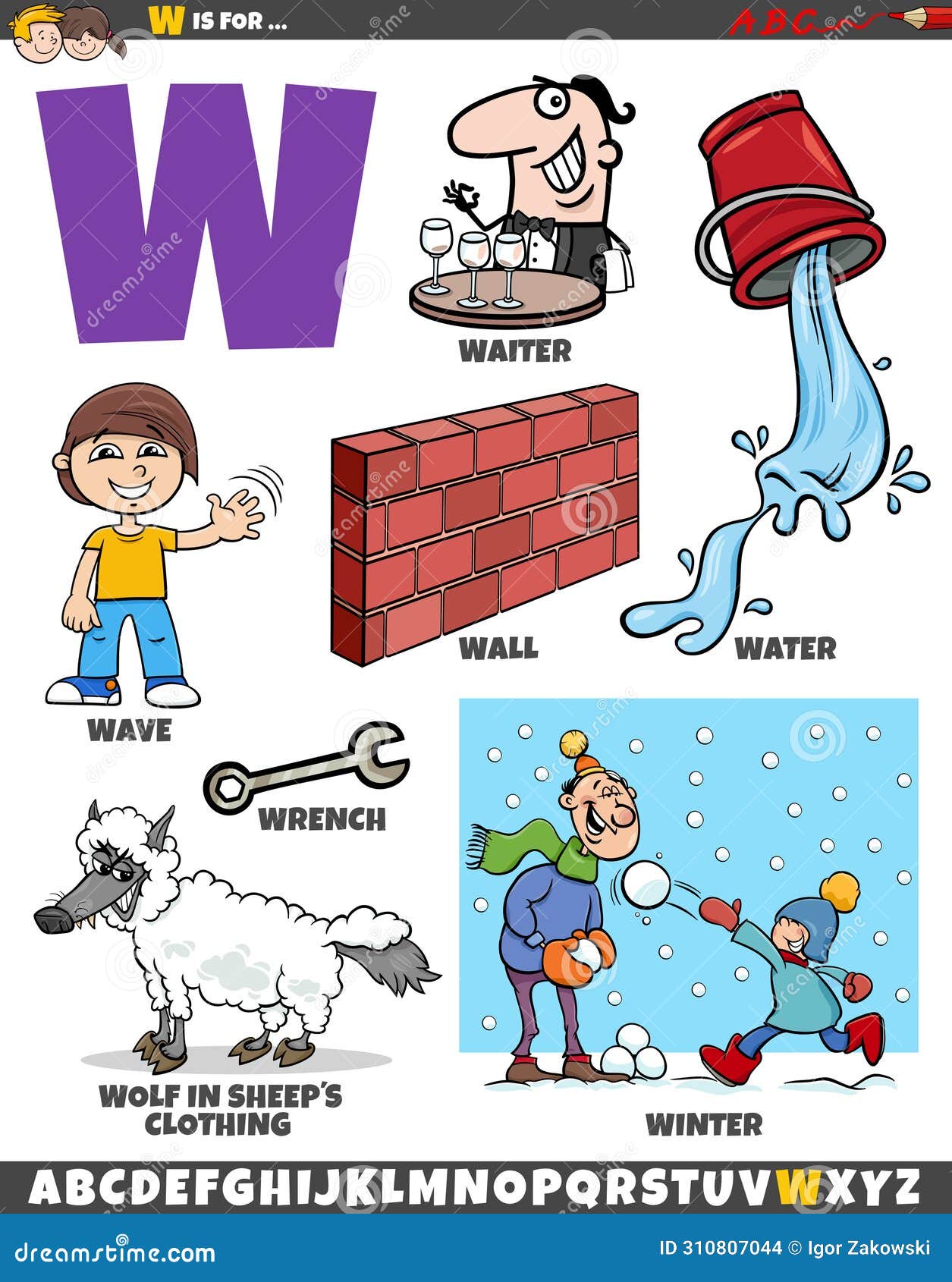 Letter W Set with Cartoon Objects and Characters Stock Vector ...