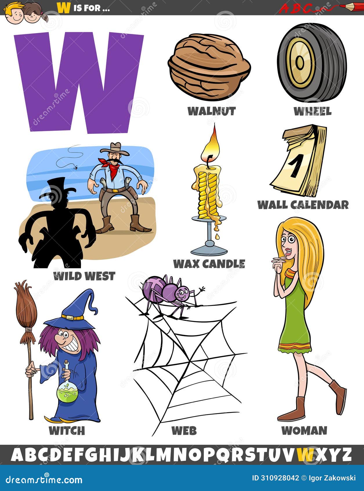 Letter W Set with Cartoon Objects and Characters Stock Vector ...