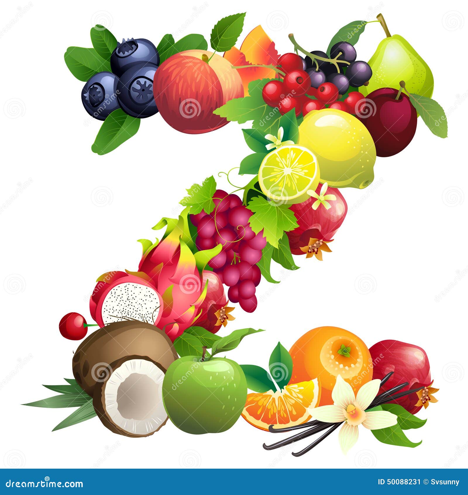 Letter Z Composed of Different Fruits with Leaves Stock Illustration ...