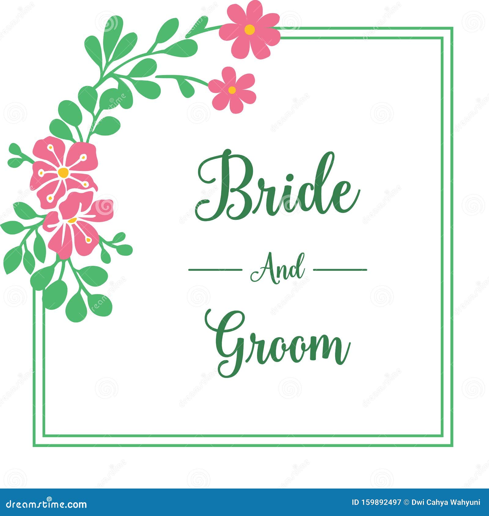 Lettering Of Bride And Groom, With Design Pattern Green Leafy Floral ...