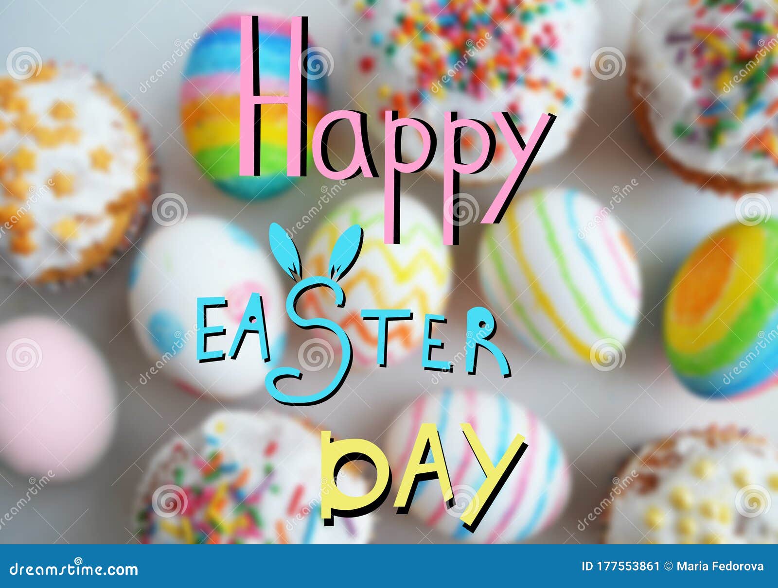 Easter. Colored Eggs and Cakes. Lettering, Congratulations. Design for ...