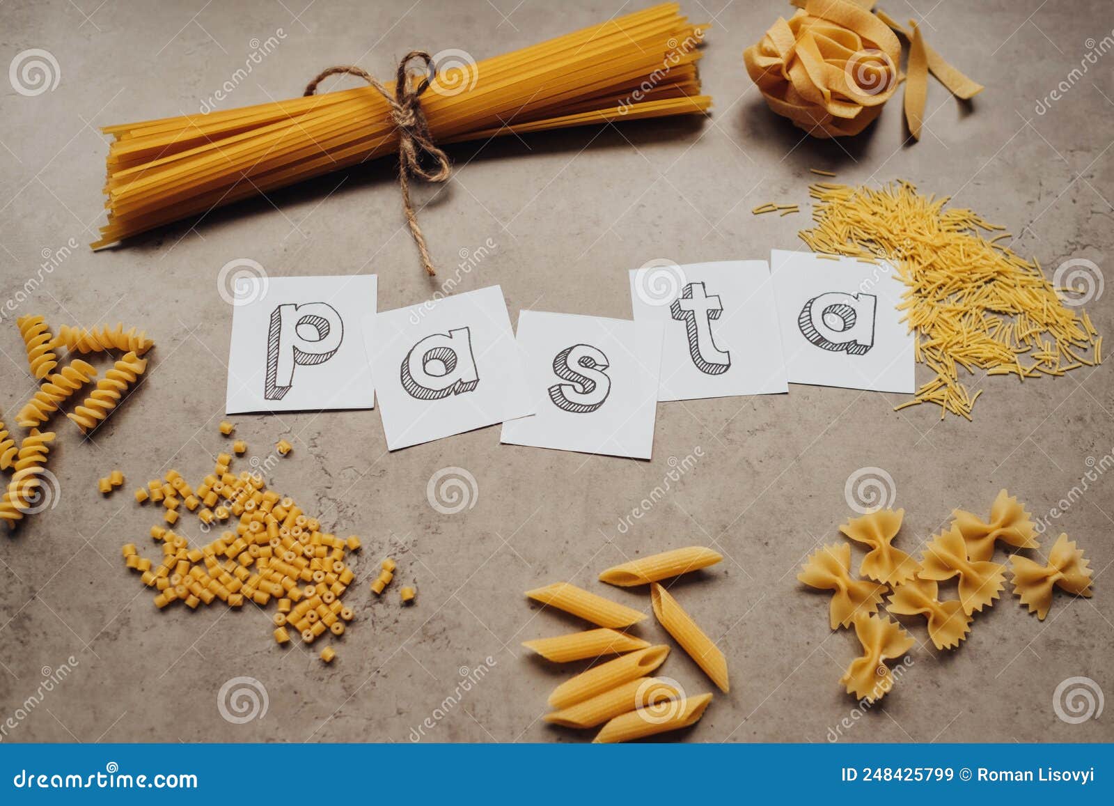 Lettering with Different Types of Pasta and Handful of Spaghetti ...
