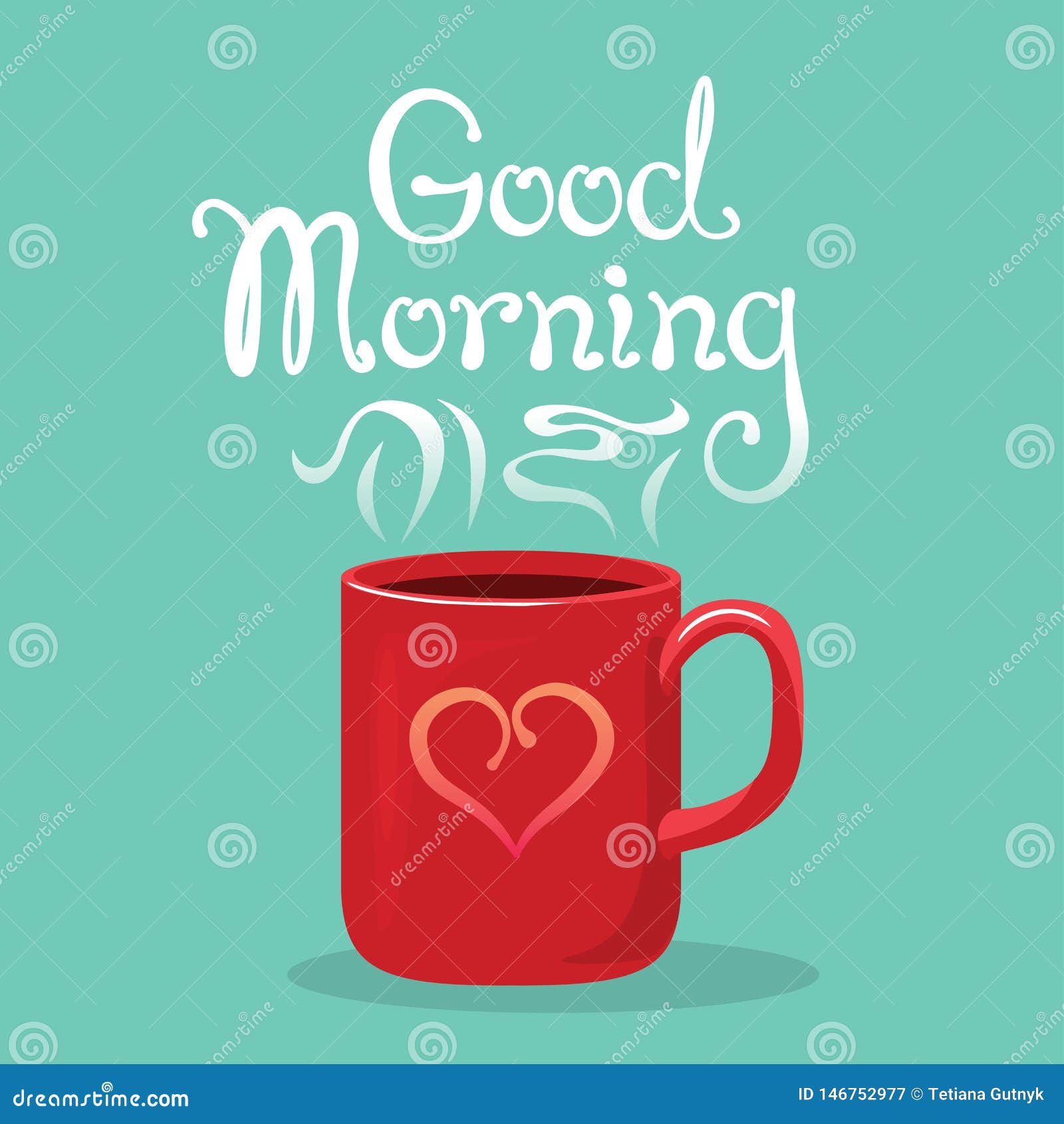 Good Morning Banner with Hand Drawn Lettering. Red Mug with Heart and ...