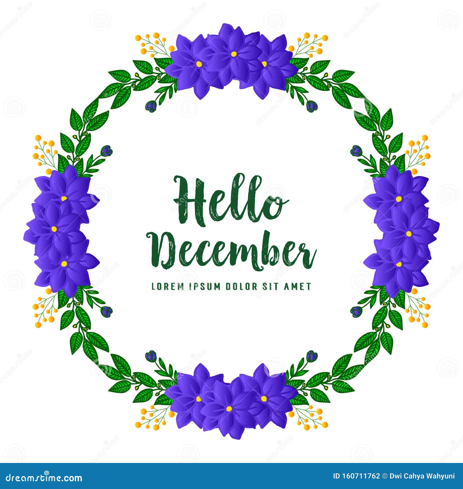 Lettering Hello December, with Beautiful Purple Flower Frame. Vector ...