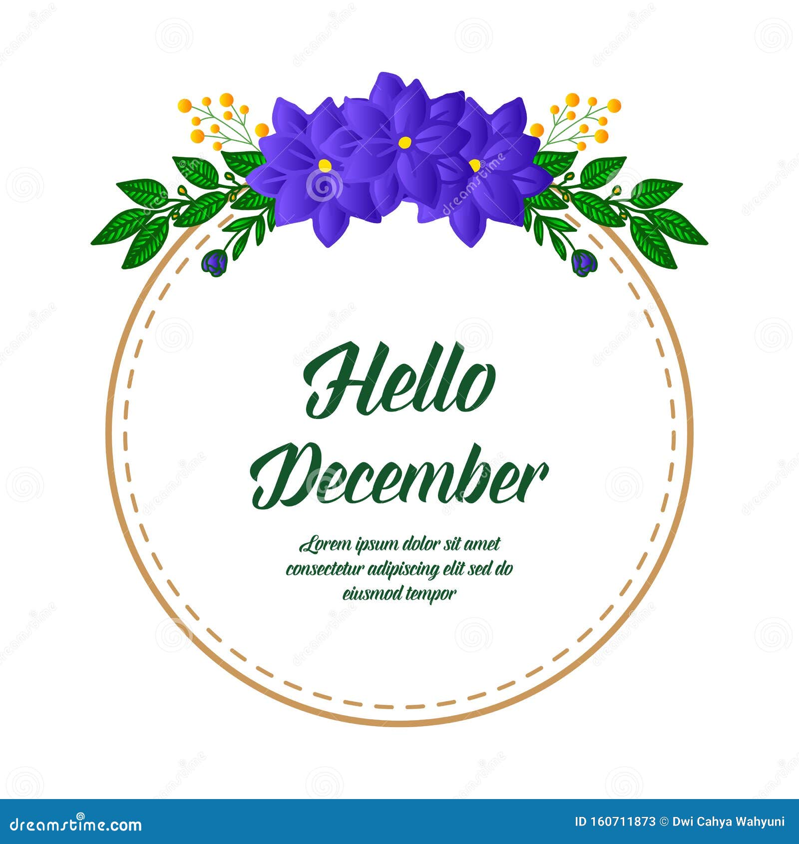Lettering Hello December, with Beautiful Purple Flower Frame. Vector ...