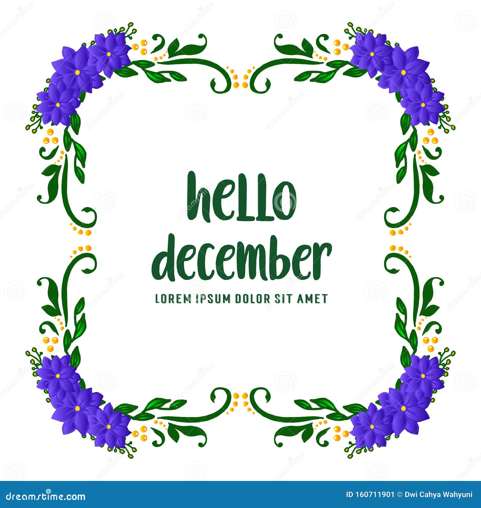 Lettering Hello December, with Beautiful Purple Flower Frame. Vector ...