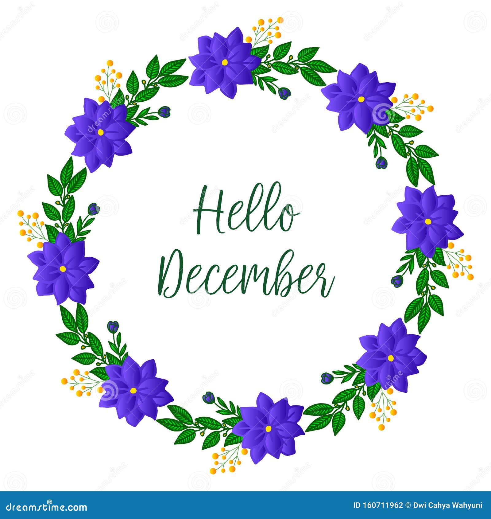 Lettering Hello December, with Beautiful Purple Flower Frame. Vector ...