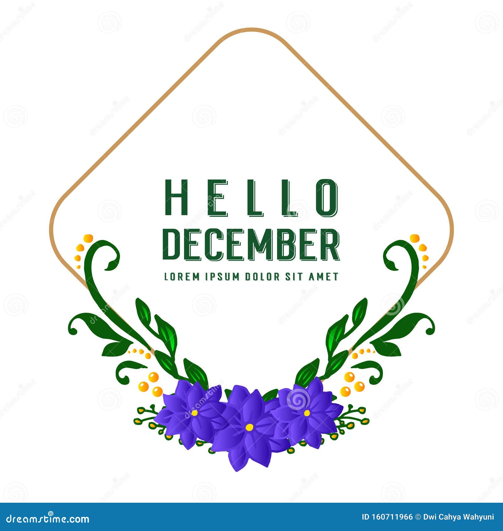 Lettering Hello December, with Beautiful Purple Flower Frame. Vector ...