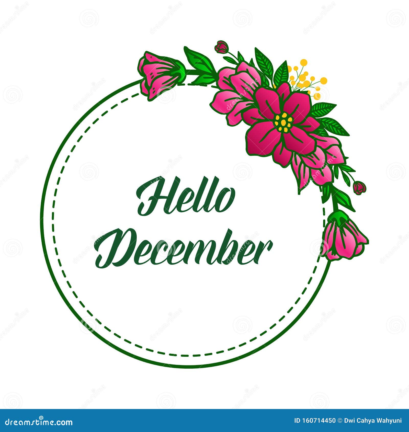 Lettering Hello December, with Vintage Pink Flower Frame. Vector Stock ...
