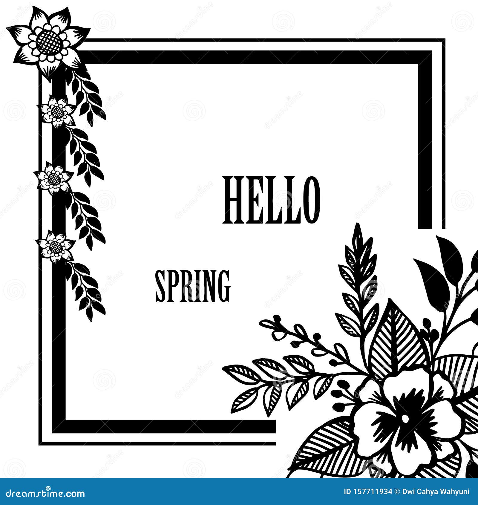 Lettering Hello Spring with Wallpaper Unique Leaf Flower Frame. Vector ...