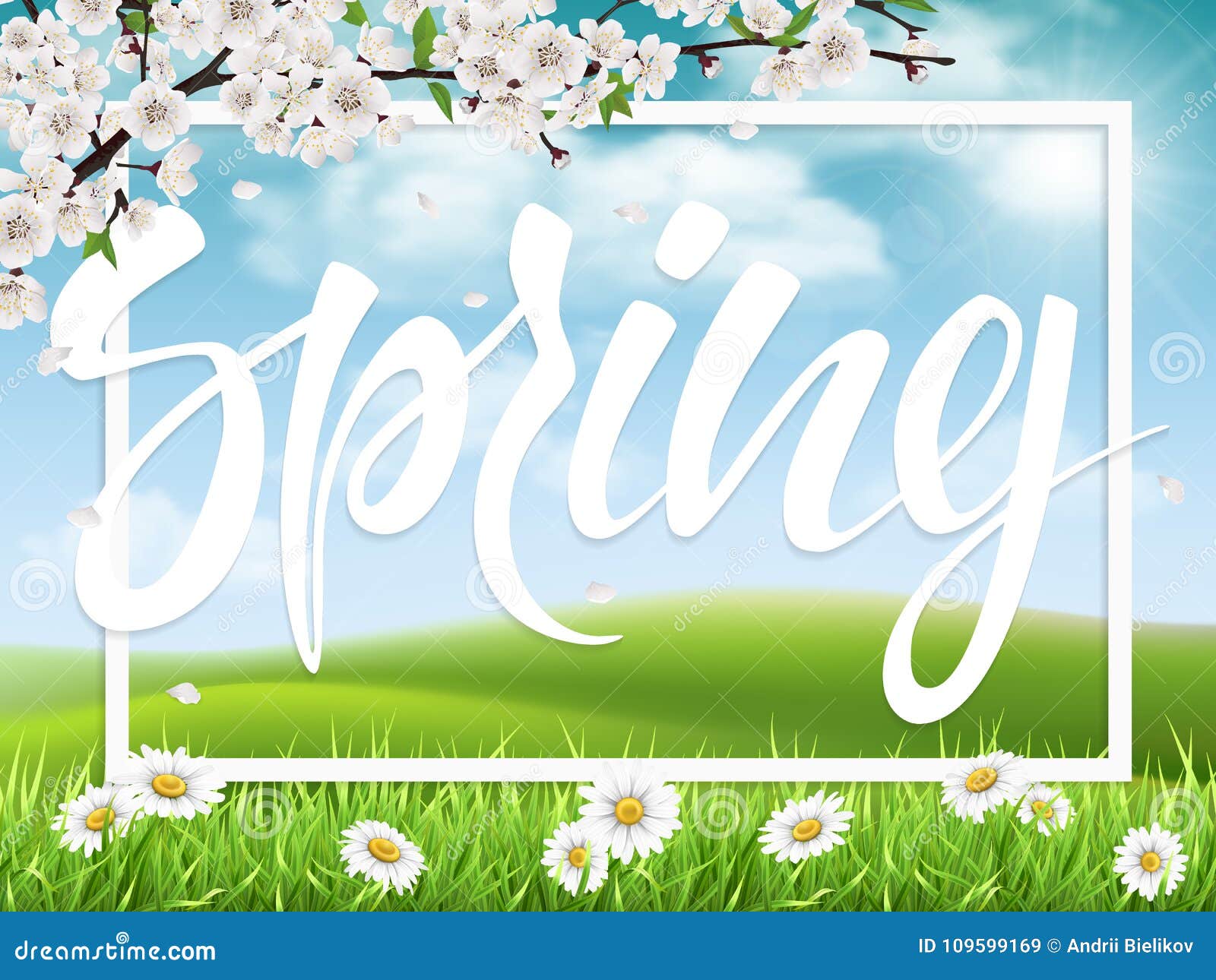 Lettering Spring on Landscape Background Stock Vector - Illustration of ...
