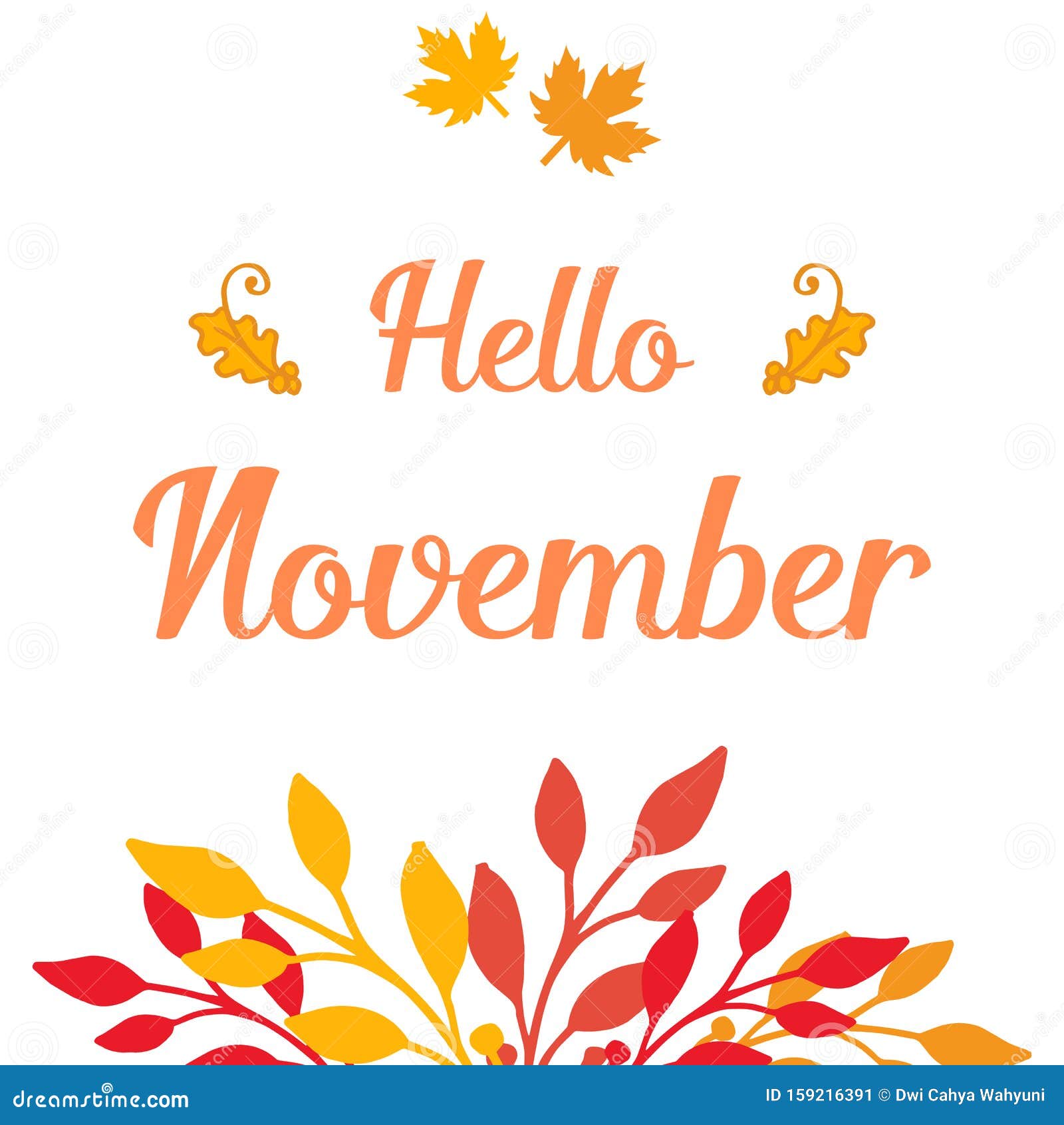 Lettering Text of Hello November, with Element of Autumn Leaf Frame ...
