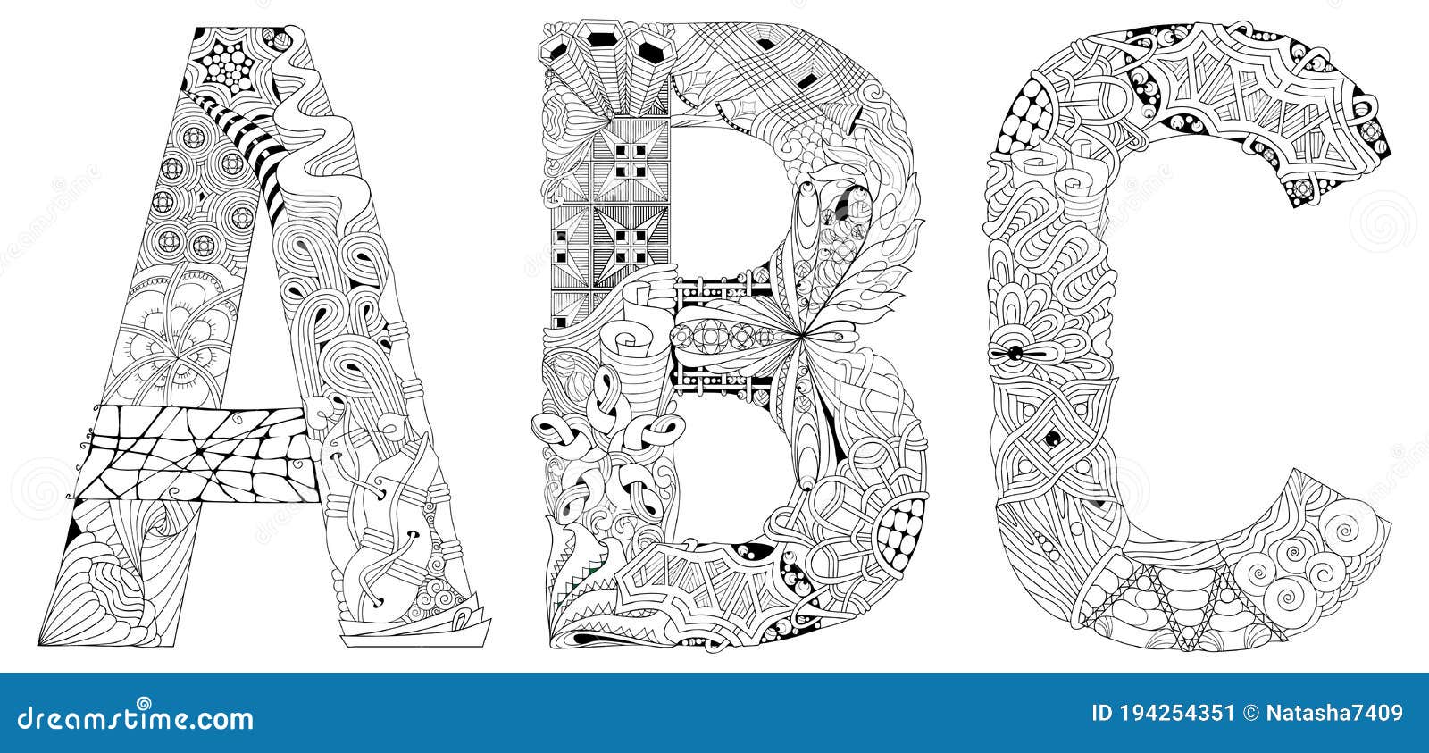 Letters a, B, C Zentangle. Vector Decorative Object for Coloring Stock ...