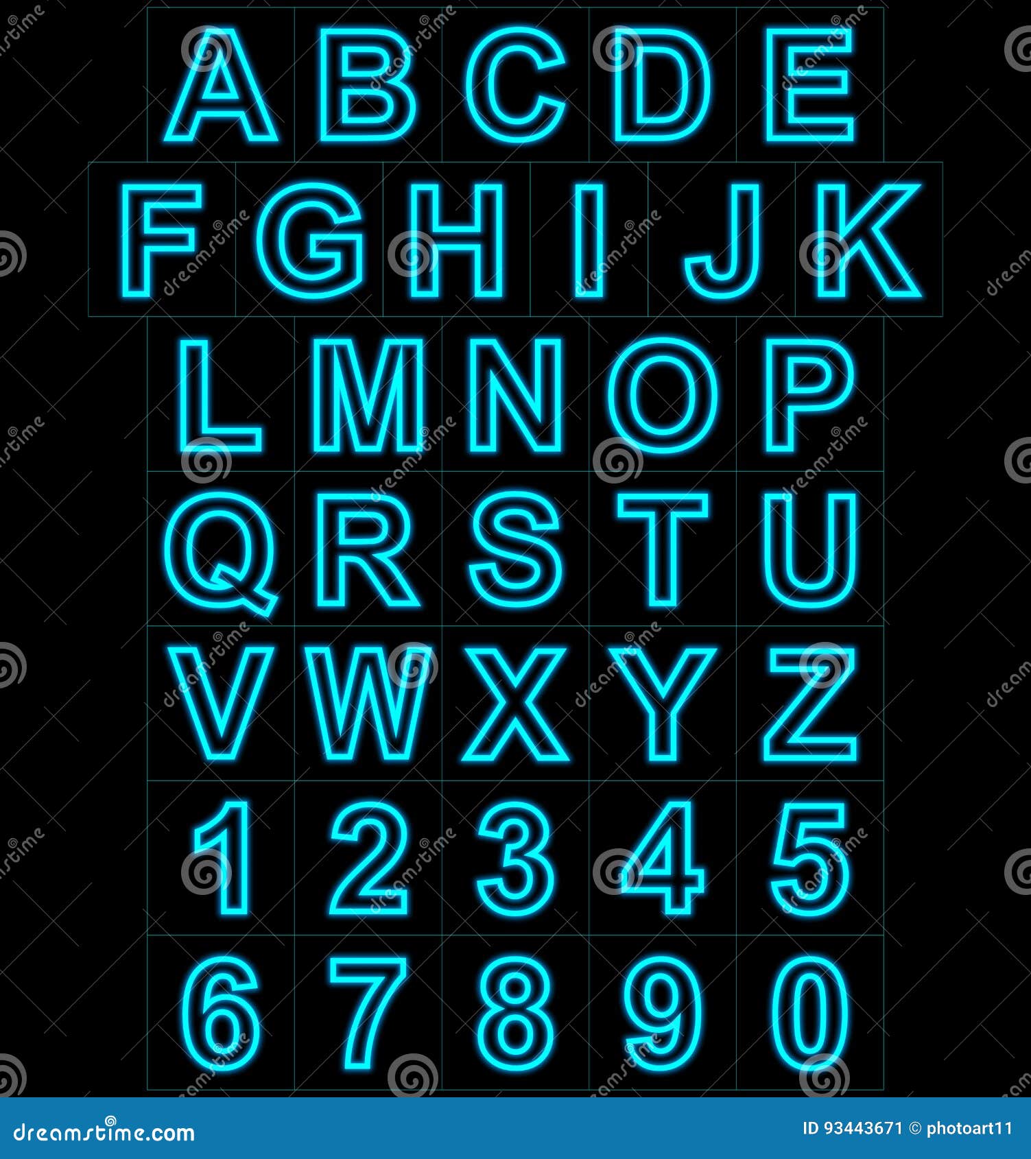 Letters and Numbers Neon Lights Outlined Isolated on Black Stock ...