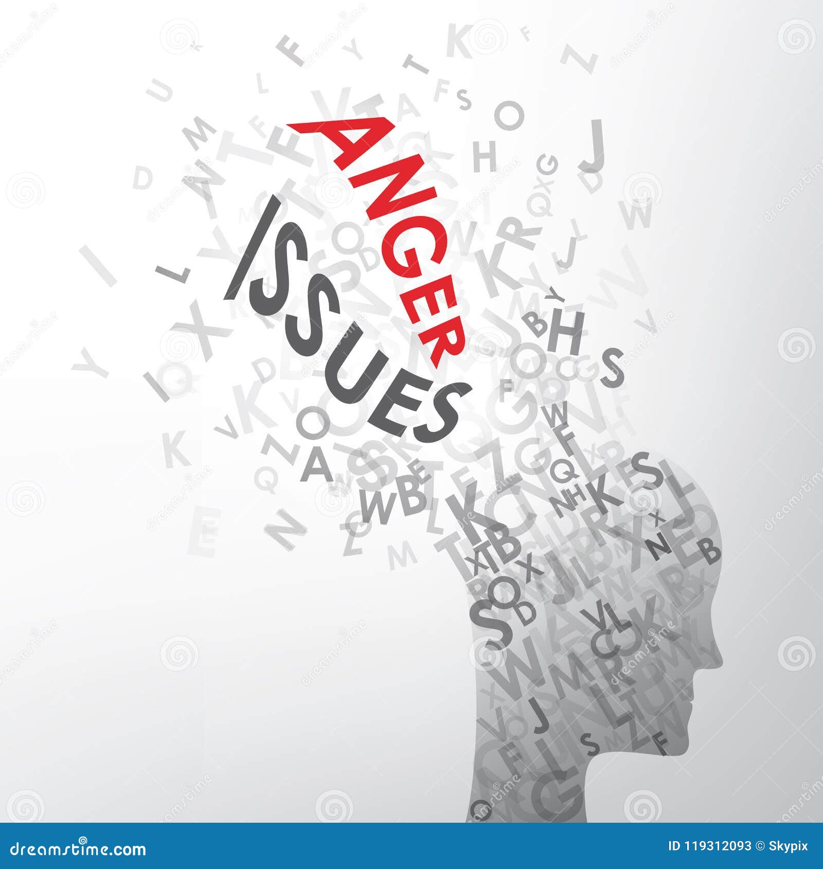 Letters Spelling ANGER ISSUES Exploding Out of Human Head Stock ...