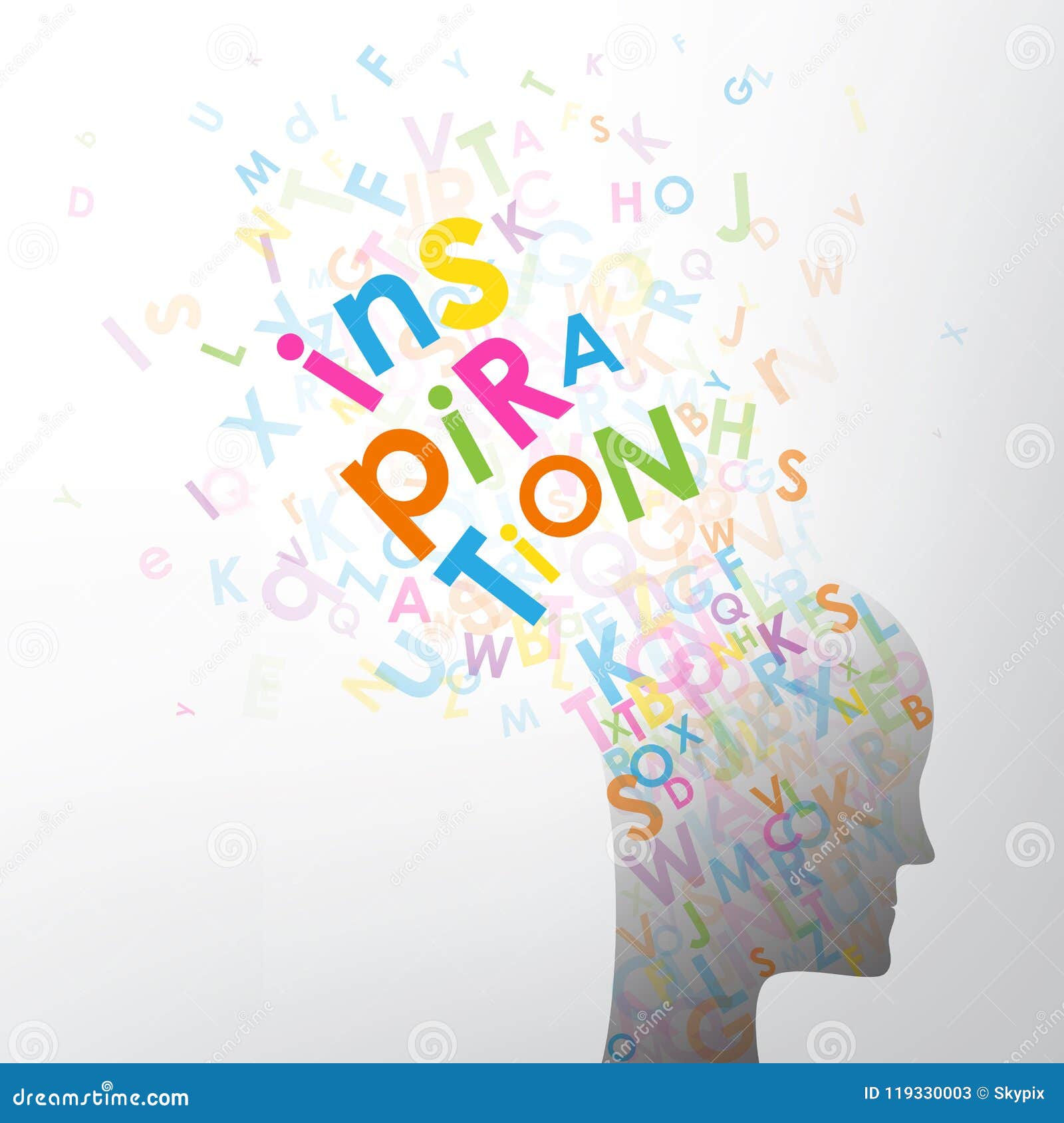 Letters Spelling INSPIRATION Exploding Out of Human Head Stock ...
