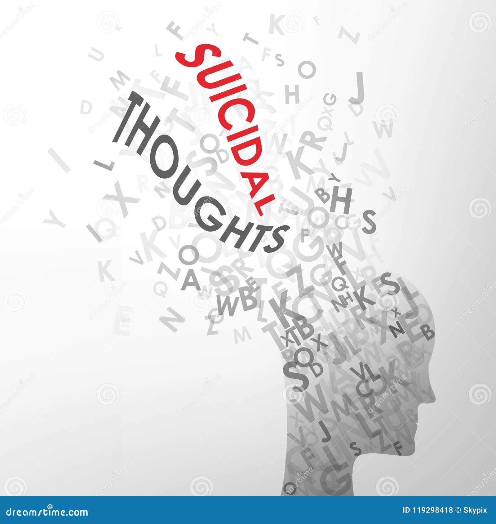 Letters Spelling SUICIDAL THOUGHTS Exploding Out of Human Head Stock ...