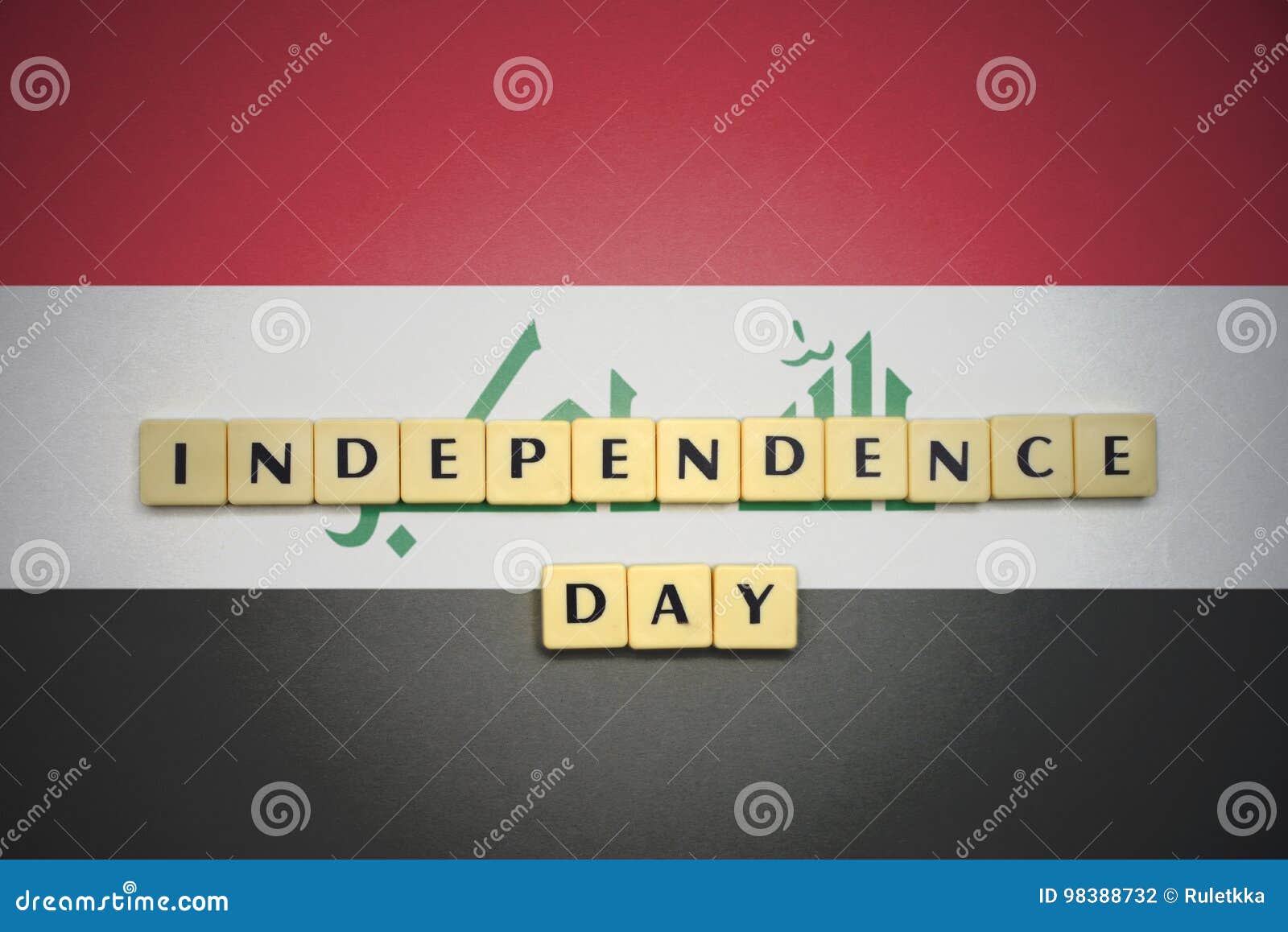 Letters with Text Independence Day on the National Flag of Iraq. Stock ...