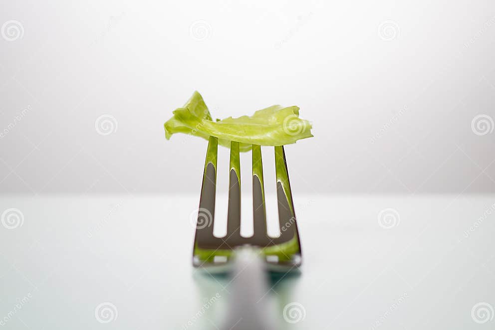 Lettuce Leaf on a Fork on a White Table Stock Photo - Image of ...
