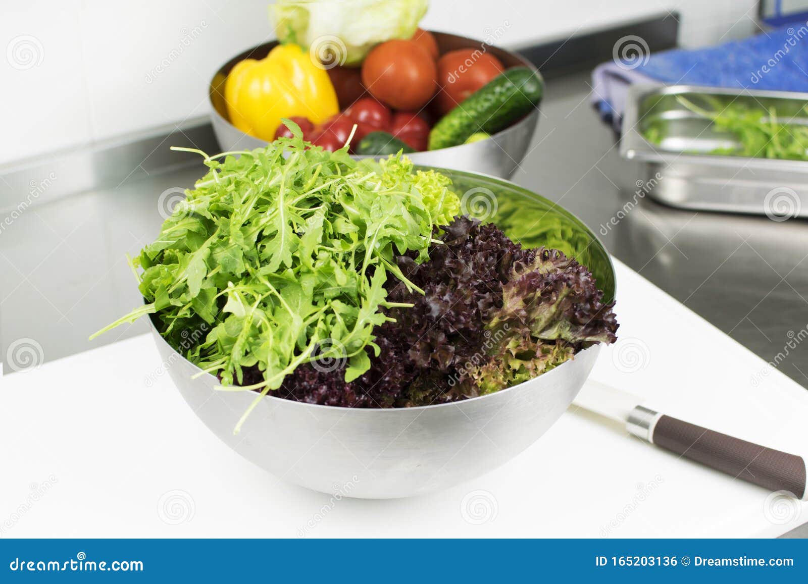 Lettuce and Vegetables in a Metal Bowl Stock Photo - Image of paprika ...