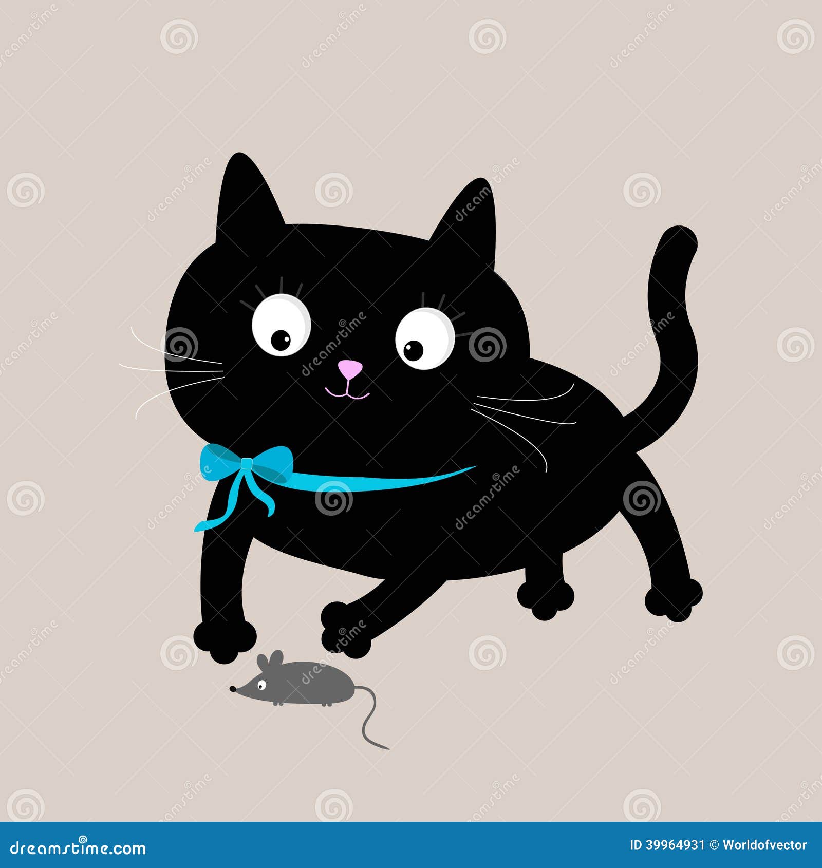 Leuke Beeldverhaal Zwarte Kat Met Muis. Grappig Dier. Vector ...