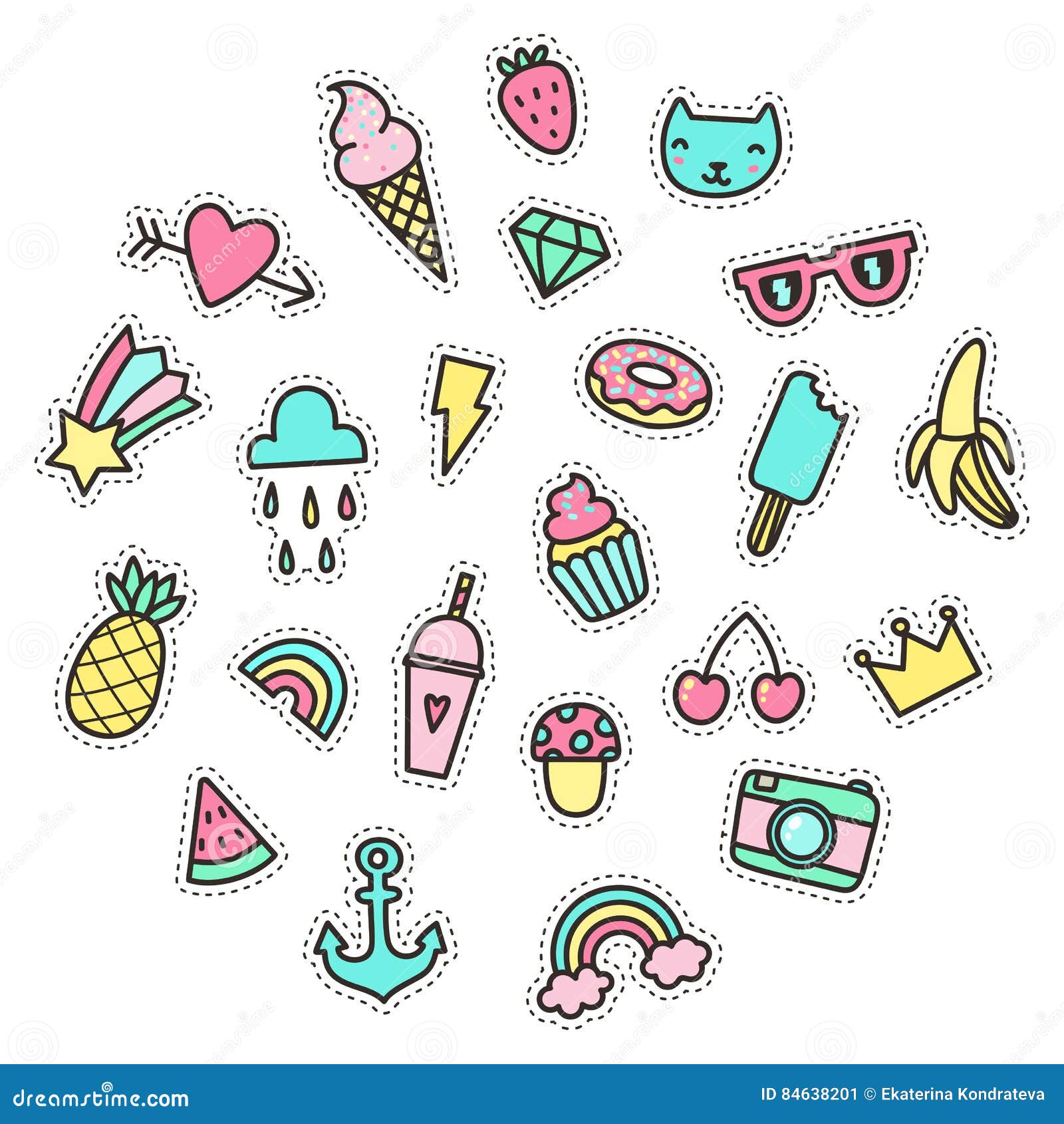 Leuke Grappige Kleine Voorwerpen Voedsel, Symbolen, Enz. Vector ...