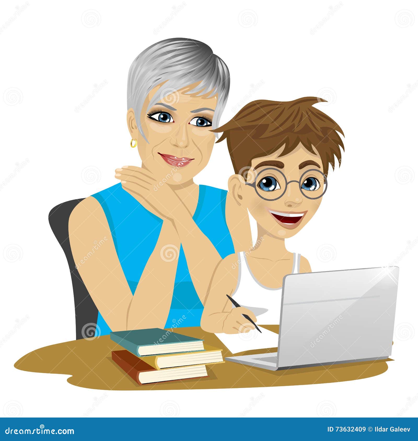 Leuke Kleinzoon Die Grootmoeder Helpen Om Laptop Te Gebruiken Vector ...