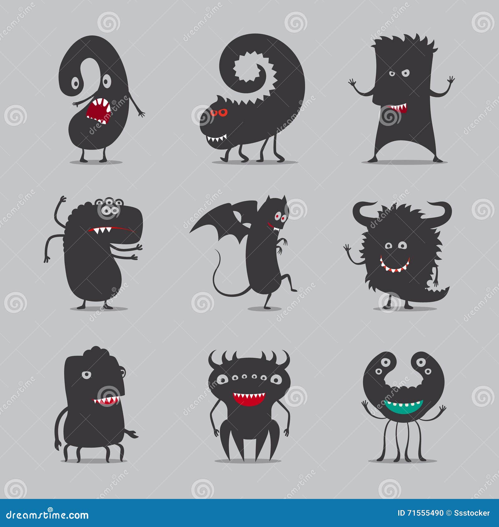 Leuke Zwarte Monsterspictogrammen Vector Illustratie - Illustration of ...