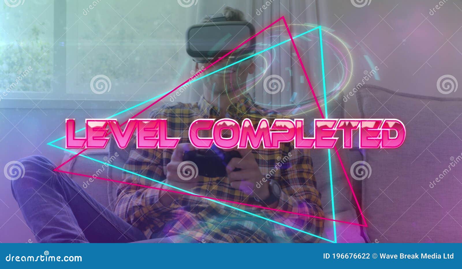 Level Completed Video Game Screen Over Triangles and Neons and Man with ...