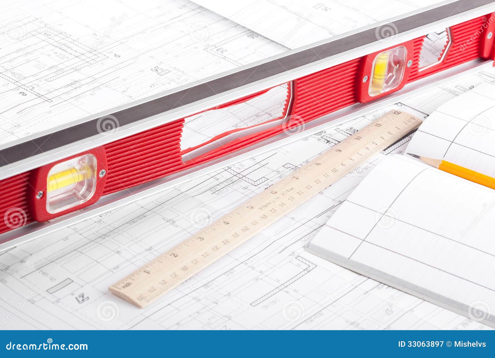 Level, ruler and notebook stock image. Image of building - 33063897