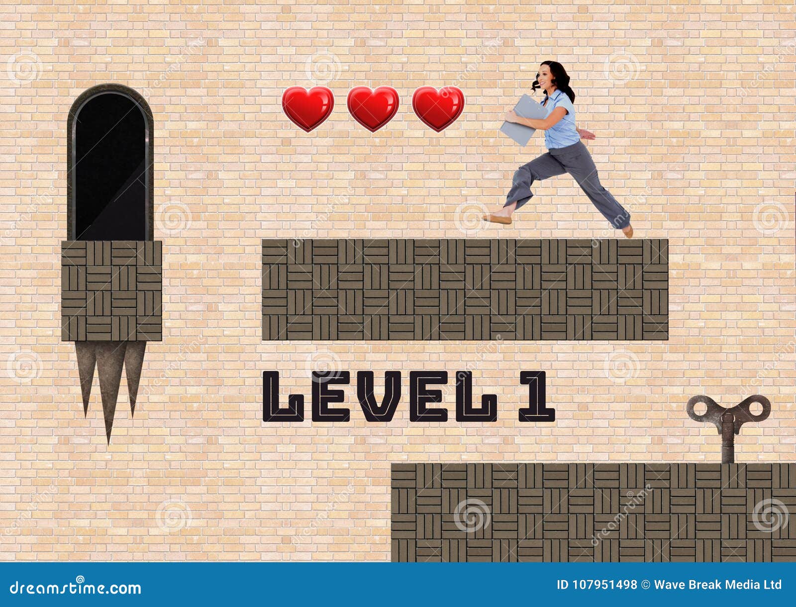 Level 1 Text and Woman in Computer Game Level with Hearts Key and Traps ...