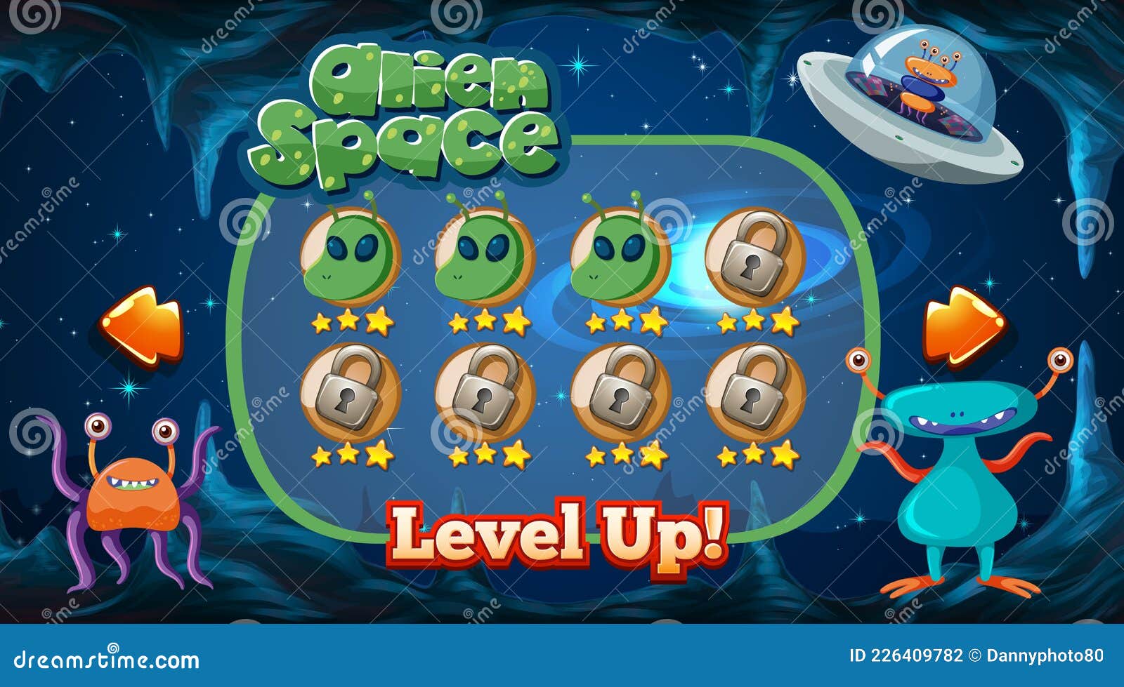 Level Up Screen Game with Alien and Ufo Theme Template Stock Vector ... Level Up Screen Game with Alien and Ufo Theme Template Stock Vector ...