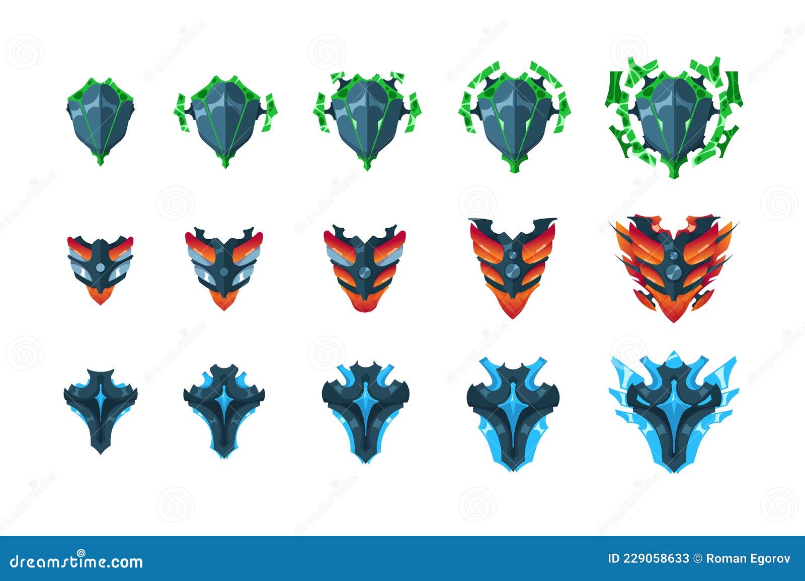 Level Up Shields. Cartoon Poison Fire and Magic Armor with Various ...